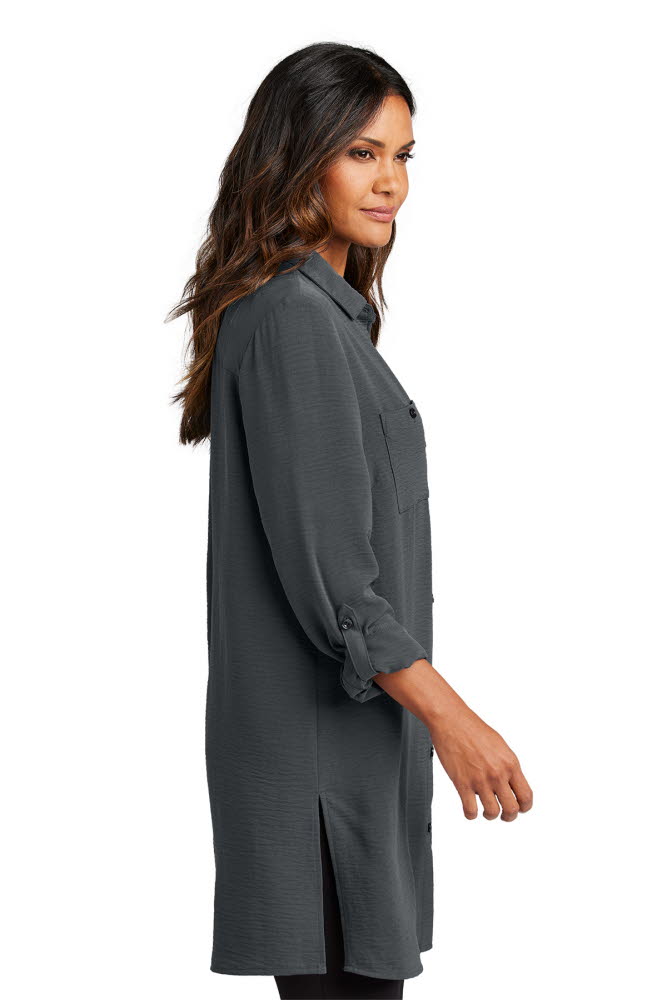LW715 Ladies Long Textured Crepe Button Down Tunic